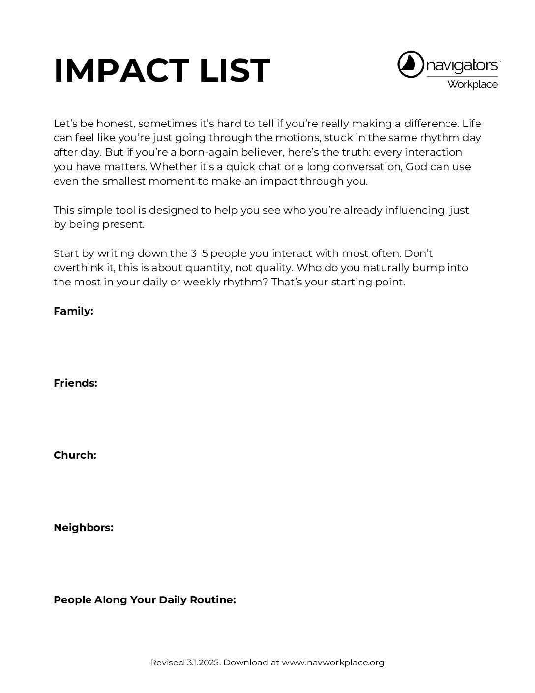 Impact List - Navigators Workplace